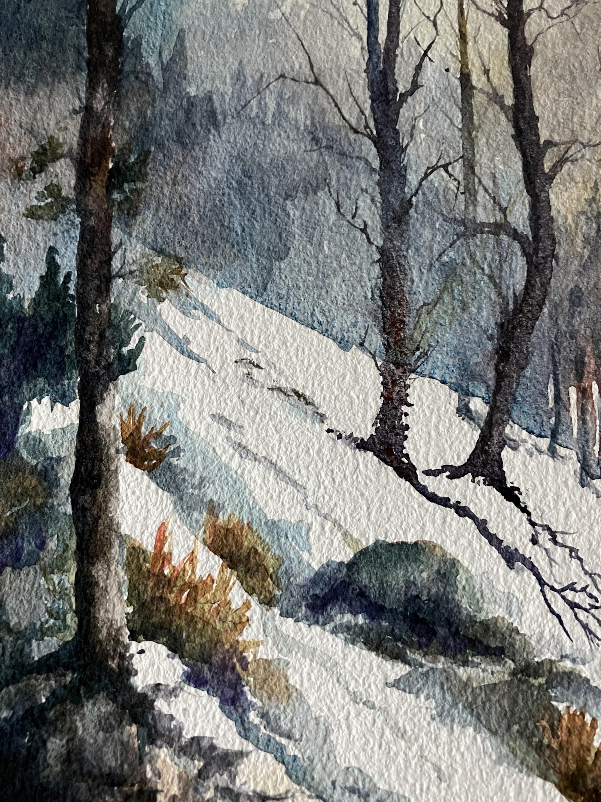 Winter Tree Original Watercolor Painting Mountain Snowscape Rocks and ...
