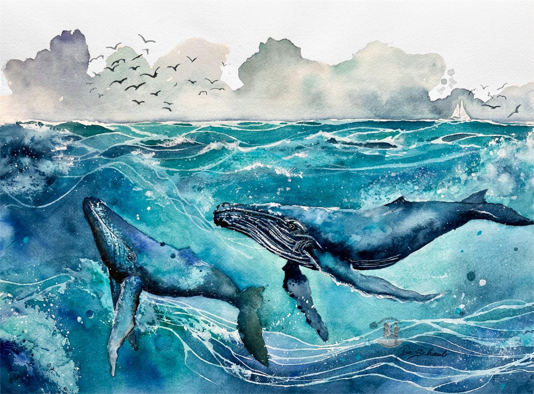 Whales Beneath the Waves Original Watercolor Painting – Ocean Art ...