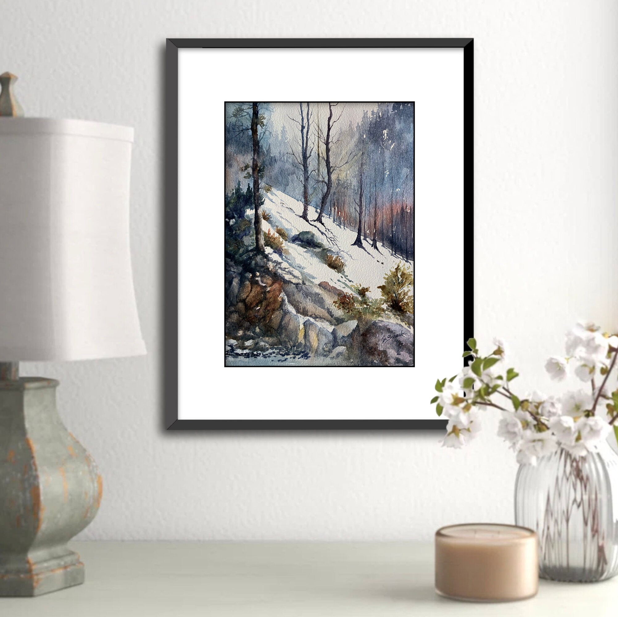 Winter Tree Original Watercolor Painting Mountain Snowscape Rocks and ...