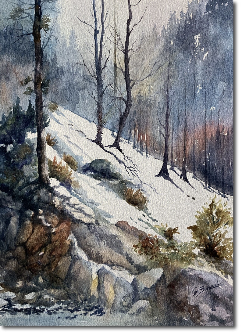 Winter Tree Original Watercolor Painting Mountain Snowscape Rocks and Tree Art Bare Trees Rocky ...