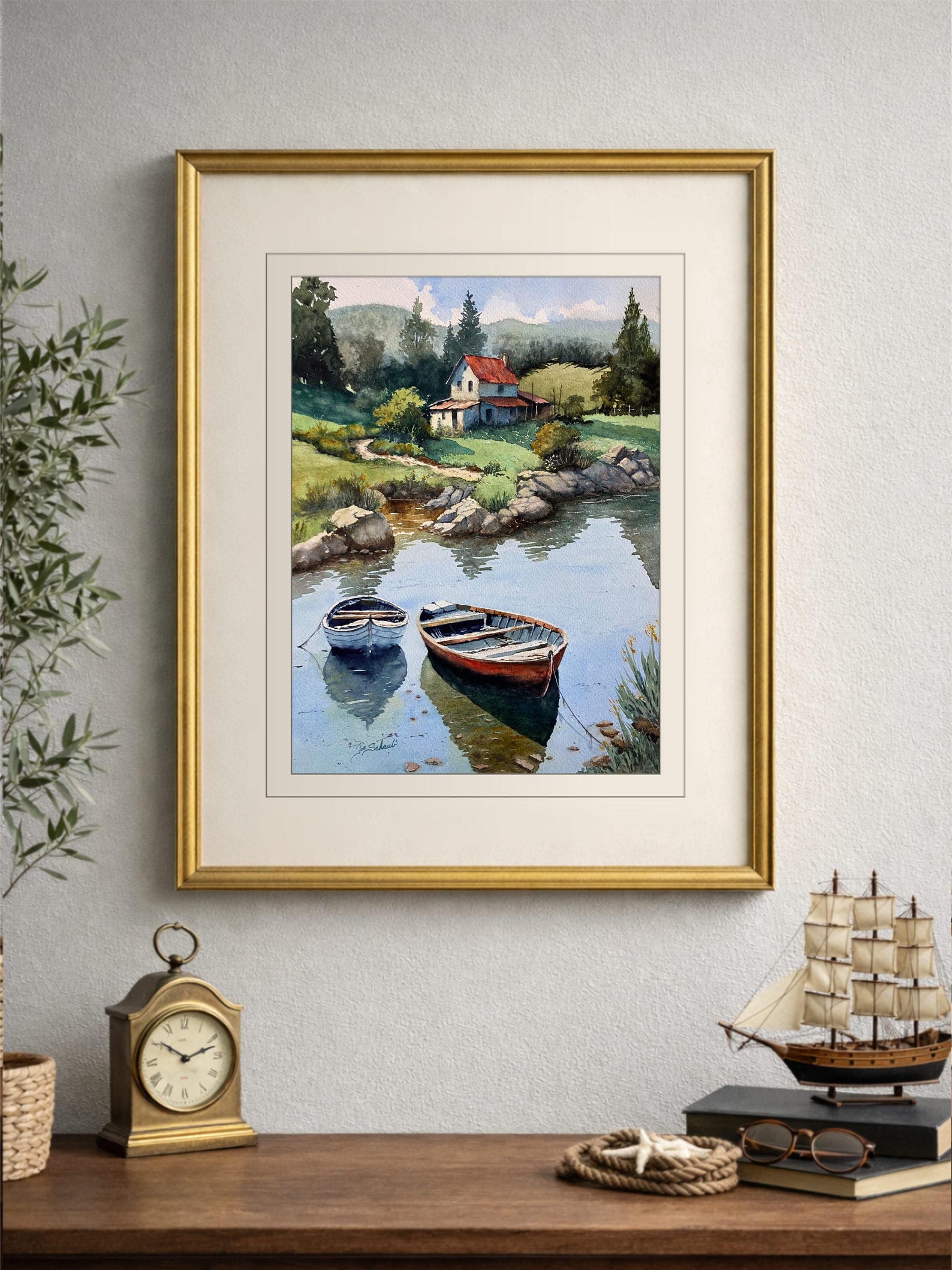 Original Watercolor Painting – Boats at Cottage Cove – Lake House Wall ...