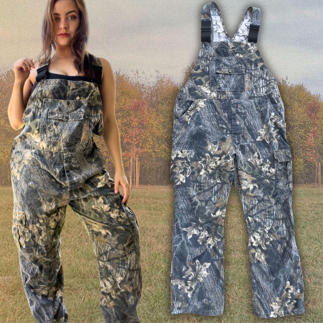90s Jerzees Mens 43x29 Faded Mossy Oak Camouflage Cargo Overalls Bibs ...