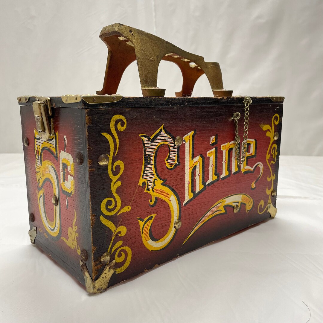 Vintage Shoe Shine Box With Brass Shoe Stand, 5 Cent Carnival Style Box ...
