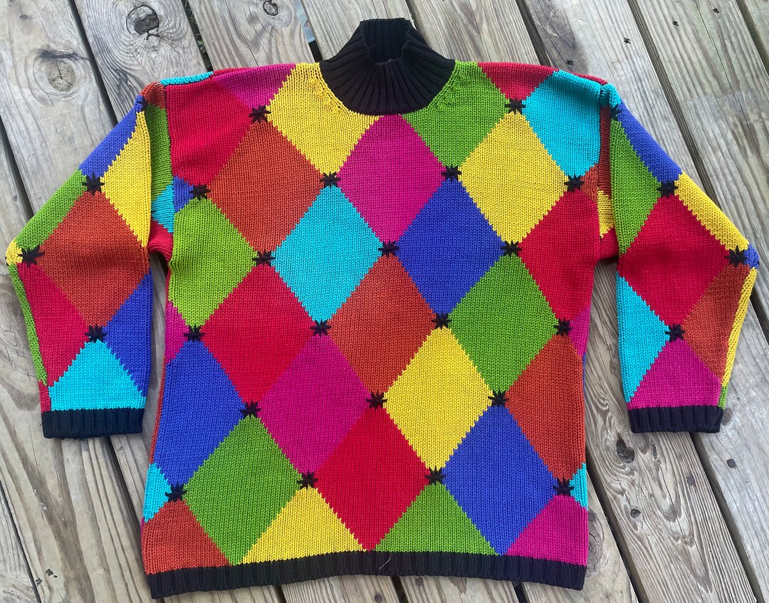 KIKIT Med Vintage Cotton Knit Turtle Neck Sweater Colorful Geometric ...