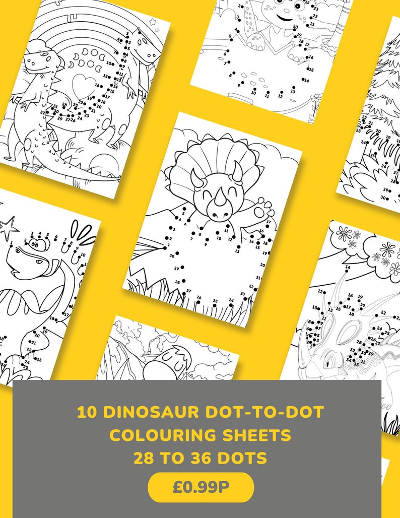 10 X Dinosaur Dot to Dot Colouring Sheets - 28 to 36 Dots - Etsy