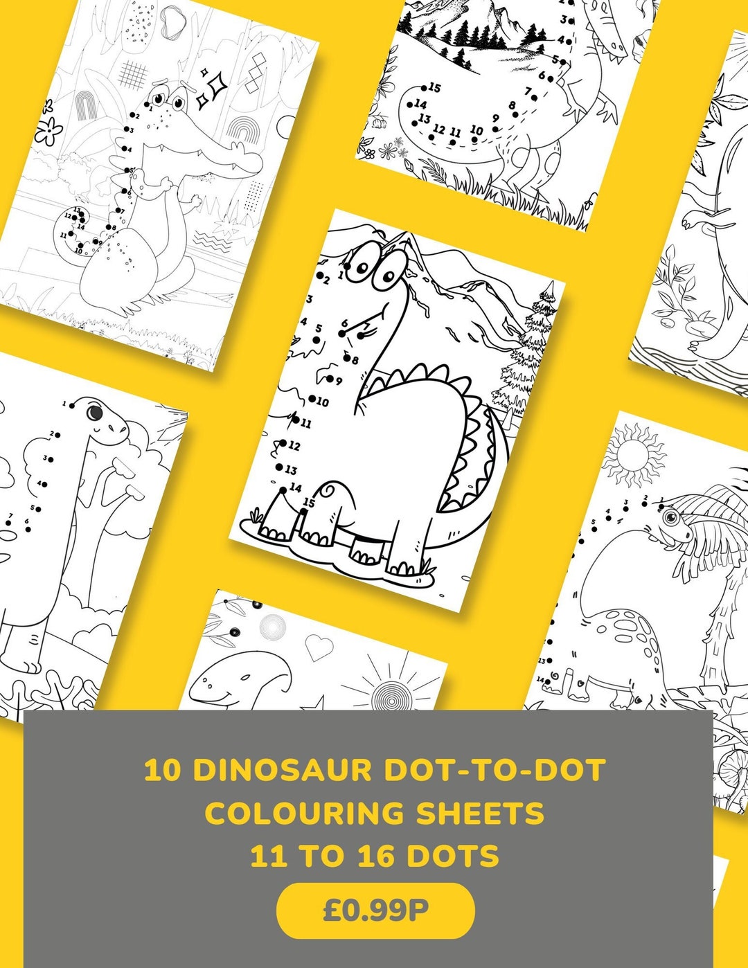10 X Dinosaur Dot to Dot Printable Colouring Sheets 11 to 16 Dots - Etsy