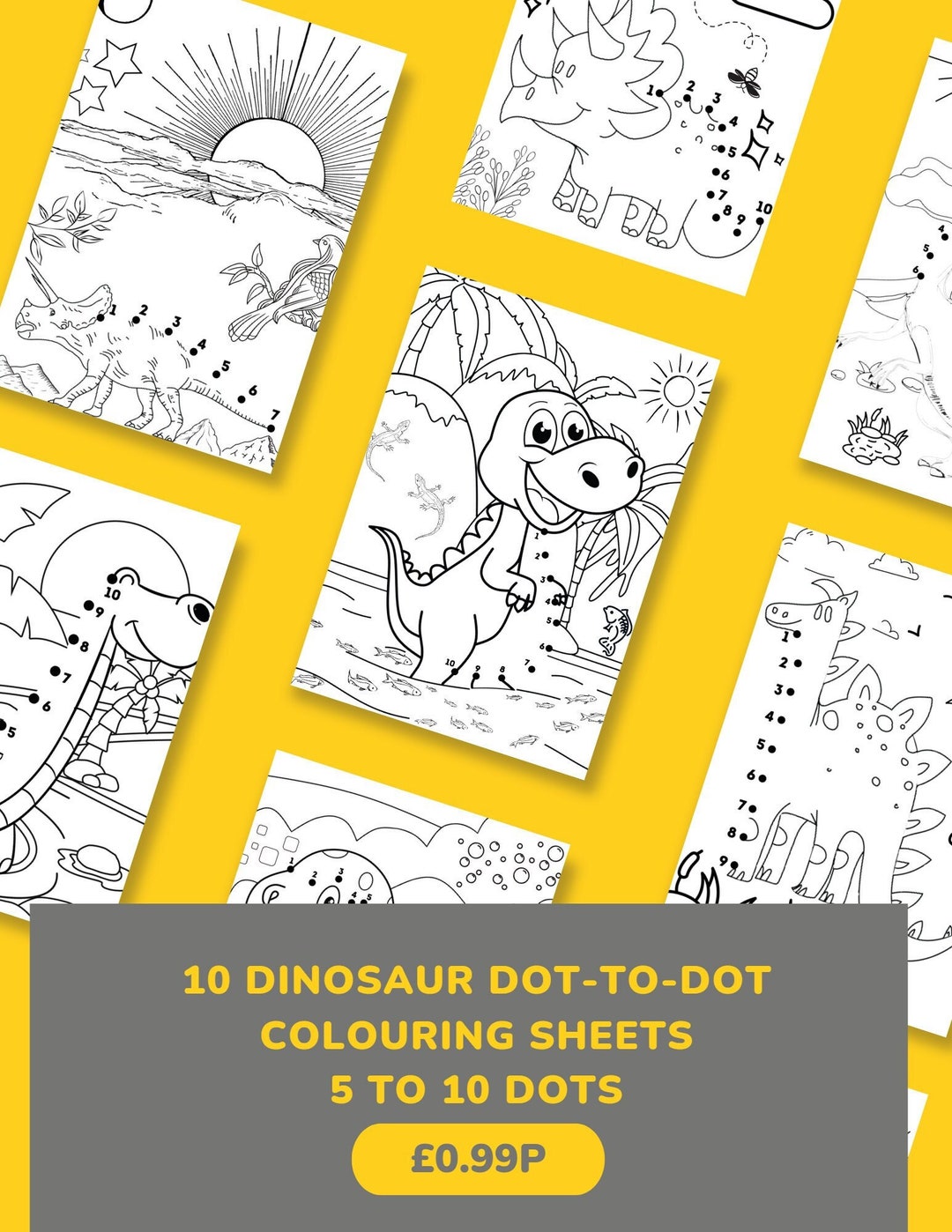 10 X Dinosaur Dot to Dot Colouring Sheets - 5 to 10 Dots - Etsy