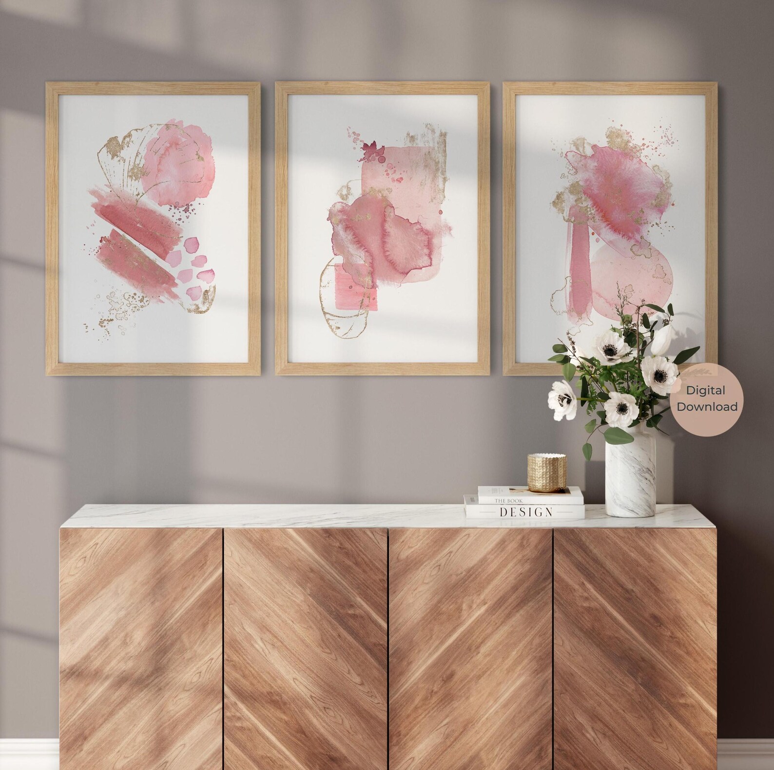Blush Pink and Gold Abstract Prints, Set of 3, Modern Abstract Art ...