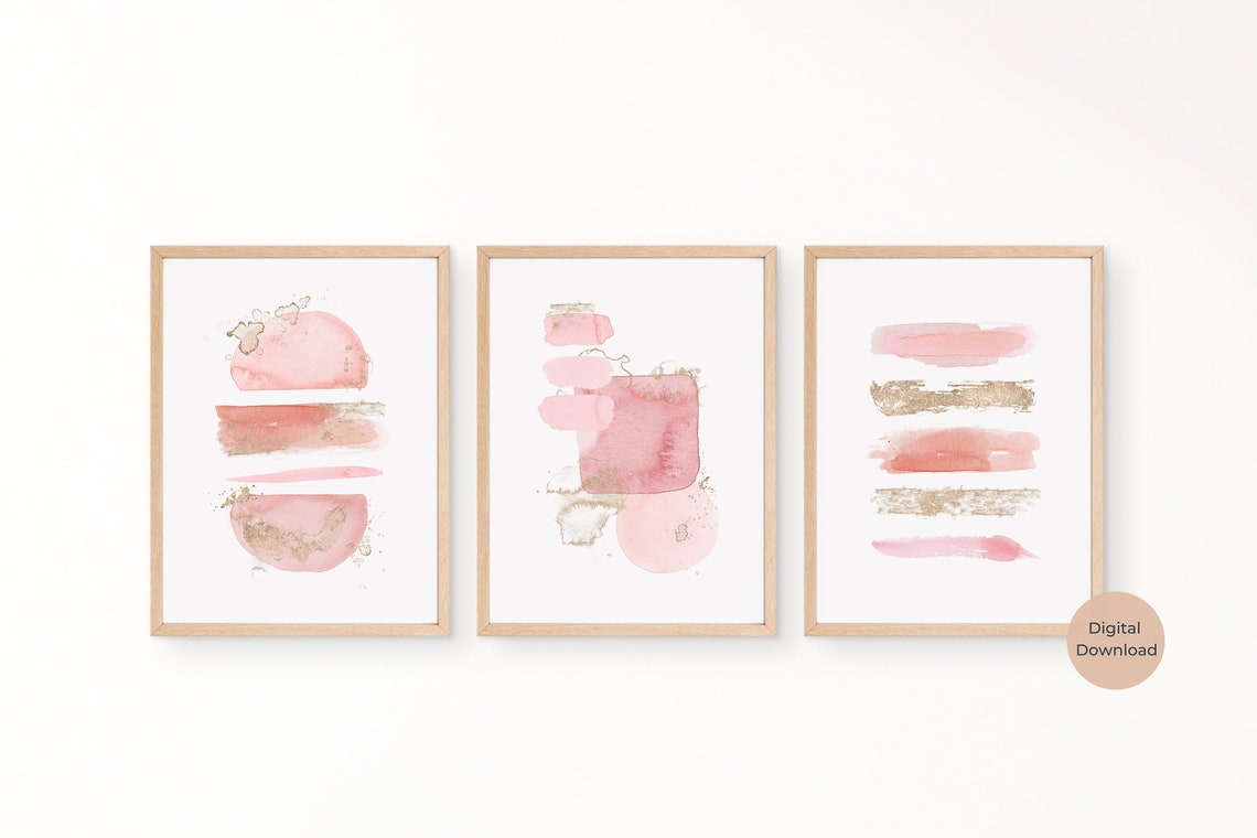 Blush Pink and Gold Abstract Prints Set of 3 Minimalistic - Etsy