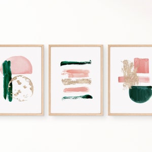 Emerald Green, Blush Pink and Gold Abstract Prints, Set of 3, Green ...