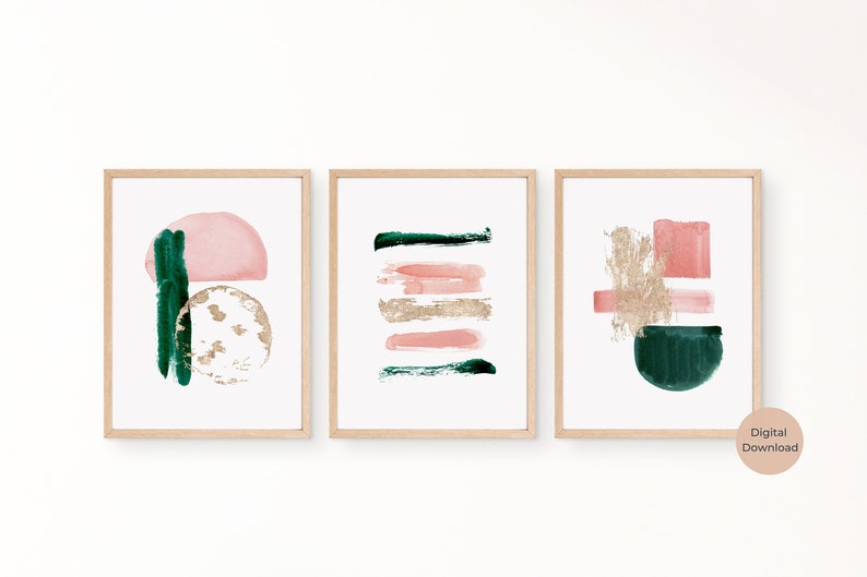 Emerald Green, Blush Pink and Gold Abstract Prints, Set of 3, Green ...