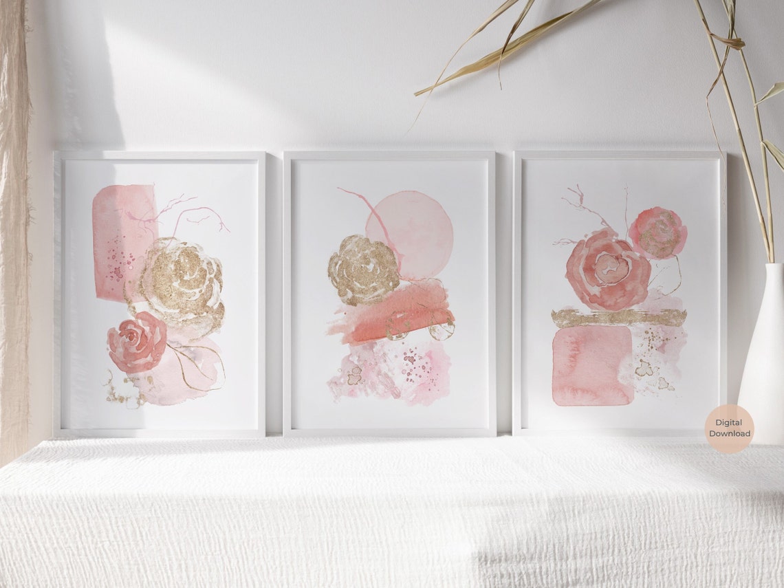 Floral Blush Pink and Gold Abstract Prints Set of 3 Modern - Etsy