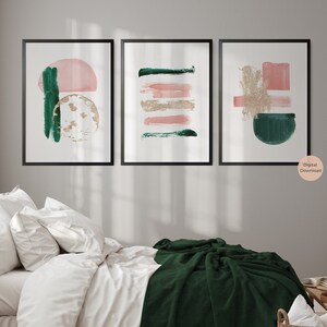 Emerald Green, Blush Pink and Gold Abstract Prints, Set of 3, Green ...