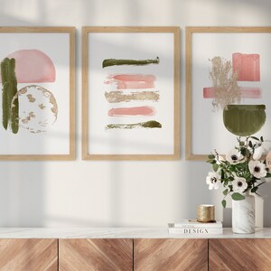 Sage Green, Blush Pink and Gold Abstract Prints, Set of 3, Olive Green ...