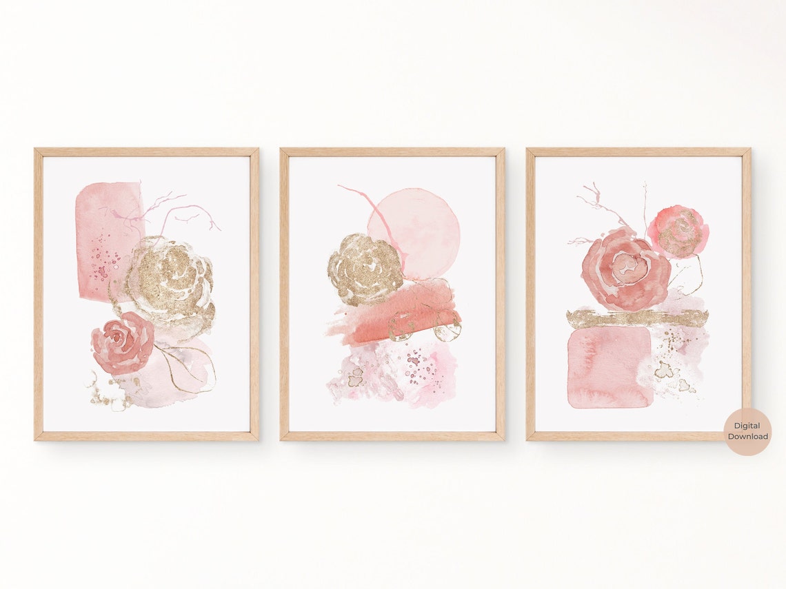 Floral Blush Pink and Gold Abstract Prints Set of 3 Modern - Etsy
