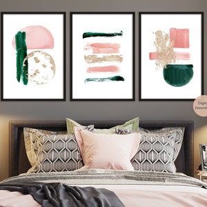 Emerald Green, Blush Pink and Gold Abstract Prints, Set of 3, Green ...