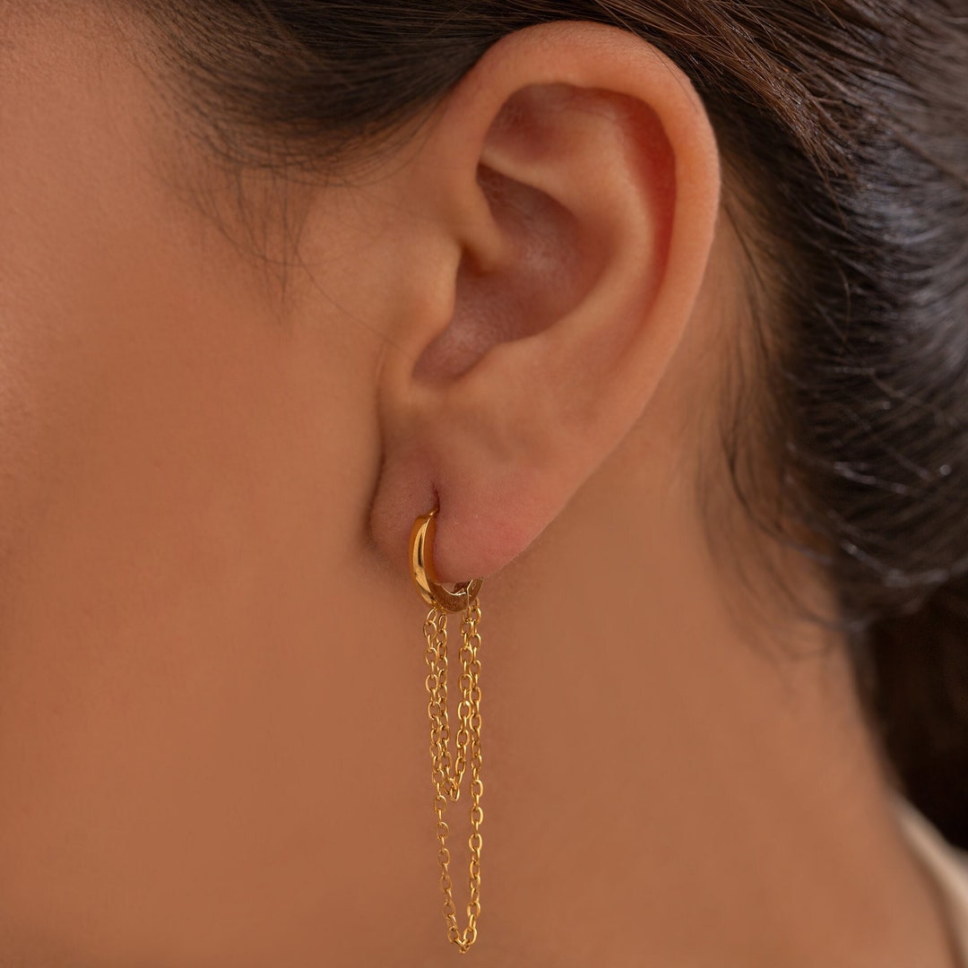 18k Gold Chained Huggie Hoops, Double Chain Dangle Earring, Chain ...