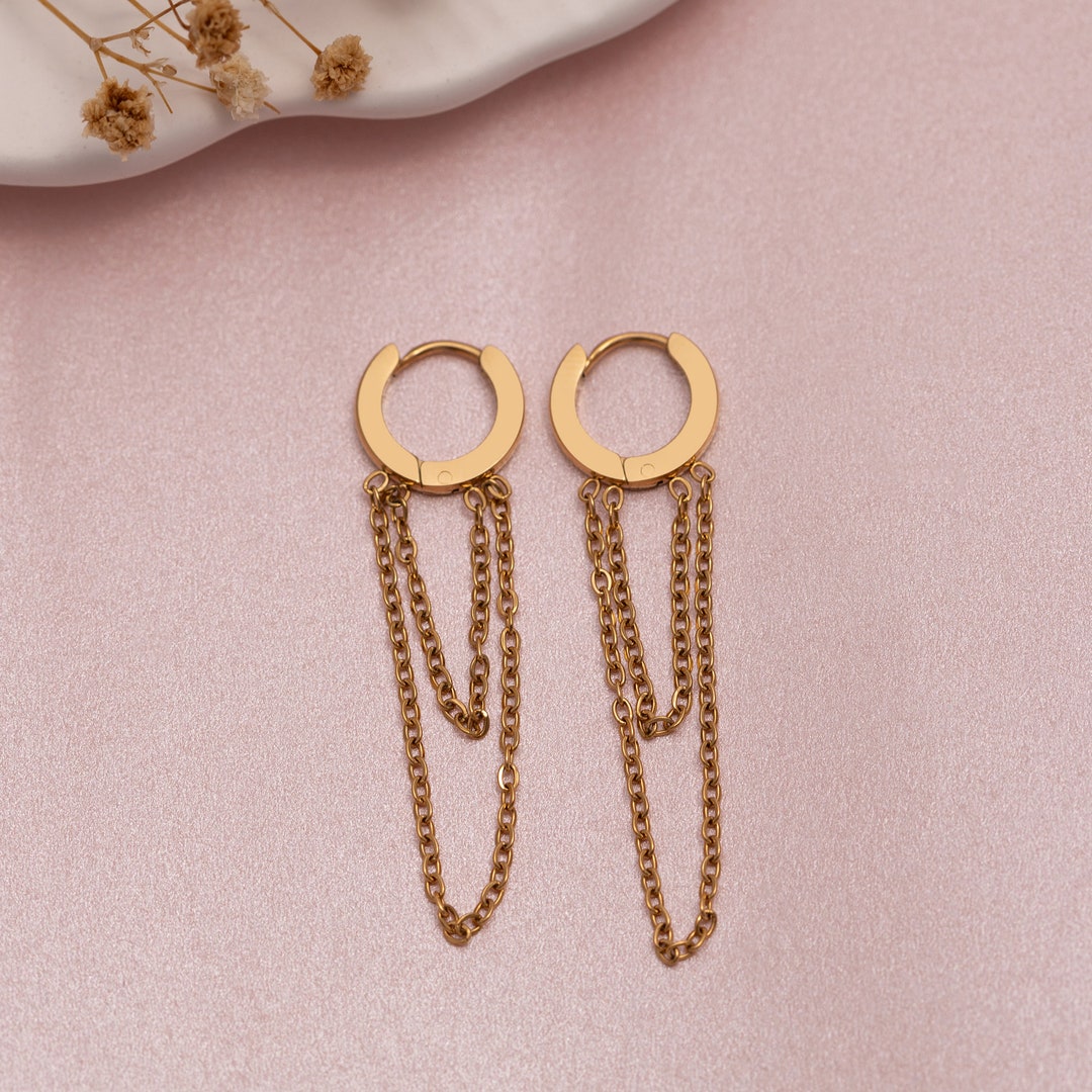 18k Gold Chained Huggie Hoop Earrings, Double Chain Dangle Earring ...