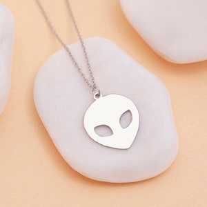 14K Gold & Silver Cute Alien Face Necklace, Ufo Pendant, Space Jewelry ...