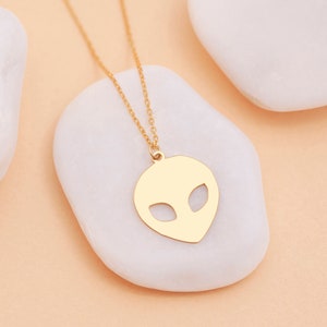 14K Gold & Silver Cute Alien Face Necklace, Ufo Pendant, Space Jewelry ...