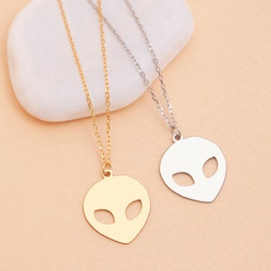 14K Gold & Silver Cute Alien Face Necklace, Ufo Pendant, Space Jewelry ...