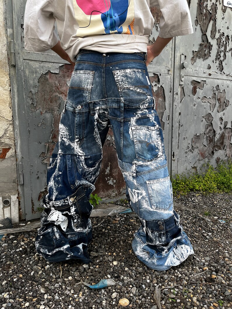 Custom Baggy Denim Jeans/upcycled Denim Trousers/eye Print/draped ...