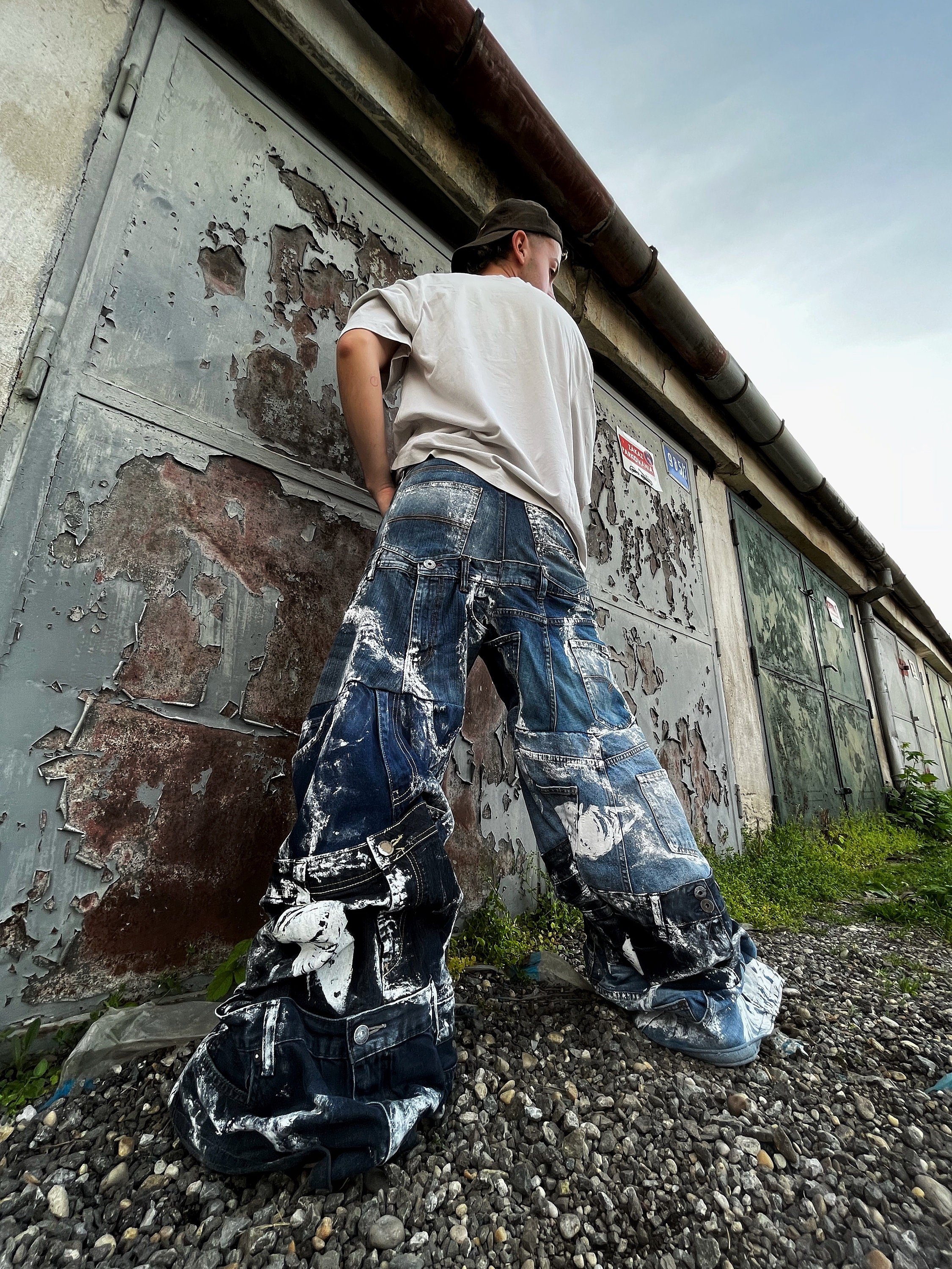 Custom Baggy Denim Jeans/upcycled Denim Trousers/eye Print/draped ...