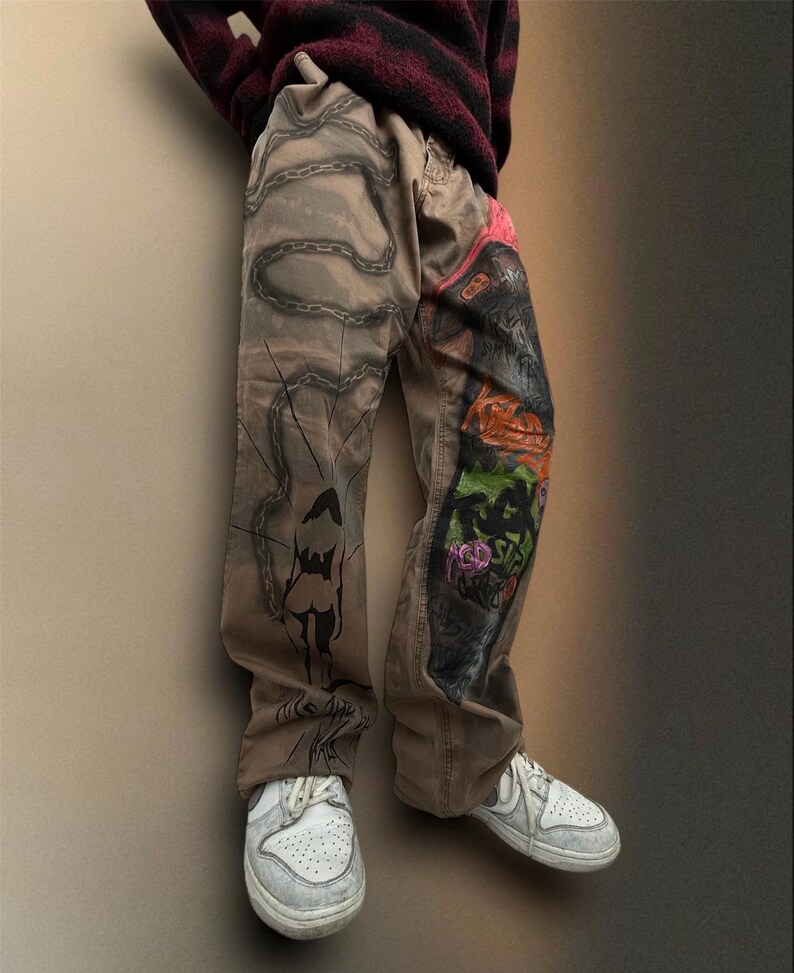Skull Punk” Bleached Hand Painted Trousers - Etsy