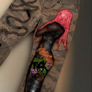 Skull Punk” Bleached Hand Painted Trousers - Etsy