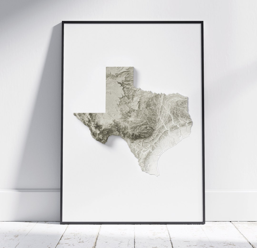 Texas Map ~ Minimalist Flat 2D Topographic Shaded Relief Print | US ...