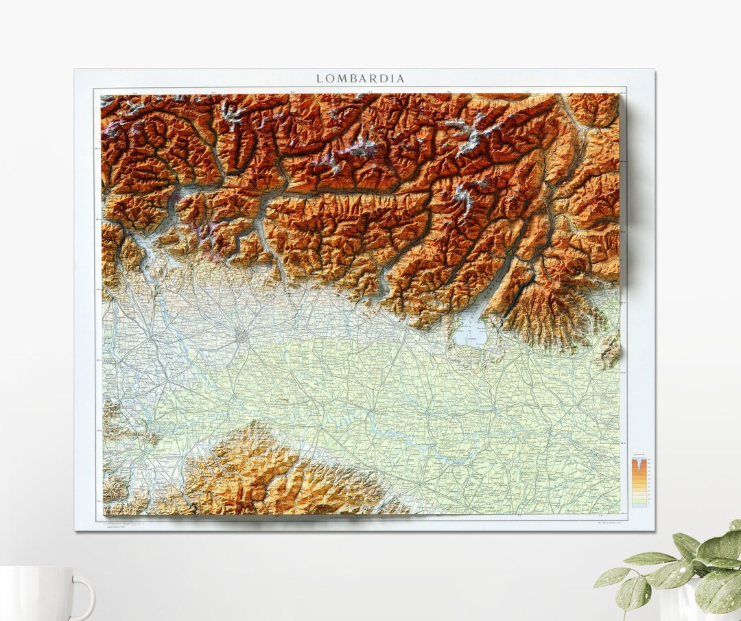 Lombardie, Italie ~ carte vintage impression 2D à plat en relief ombré ...