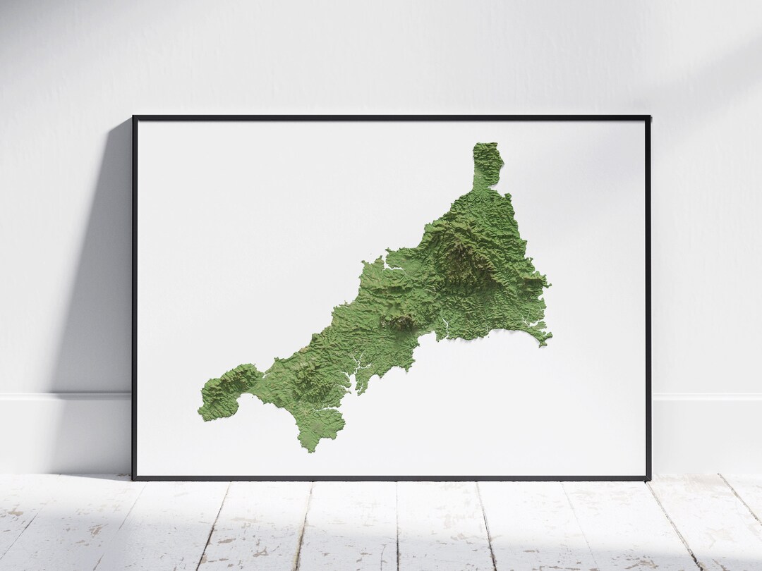 Cornwall ~ 2D Relief Map Print ~ Topographic Shaded Poster Wall Art ...