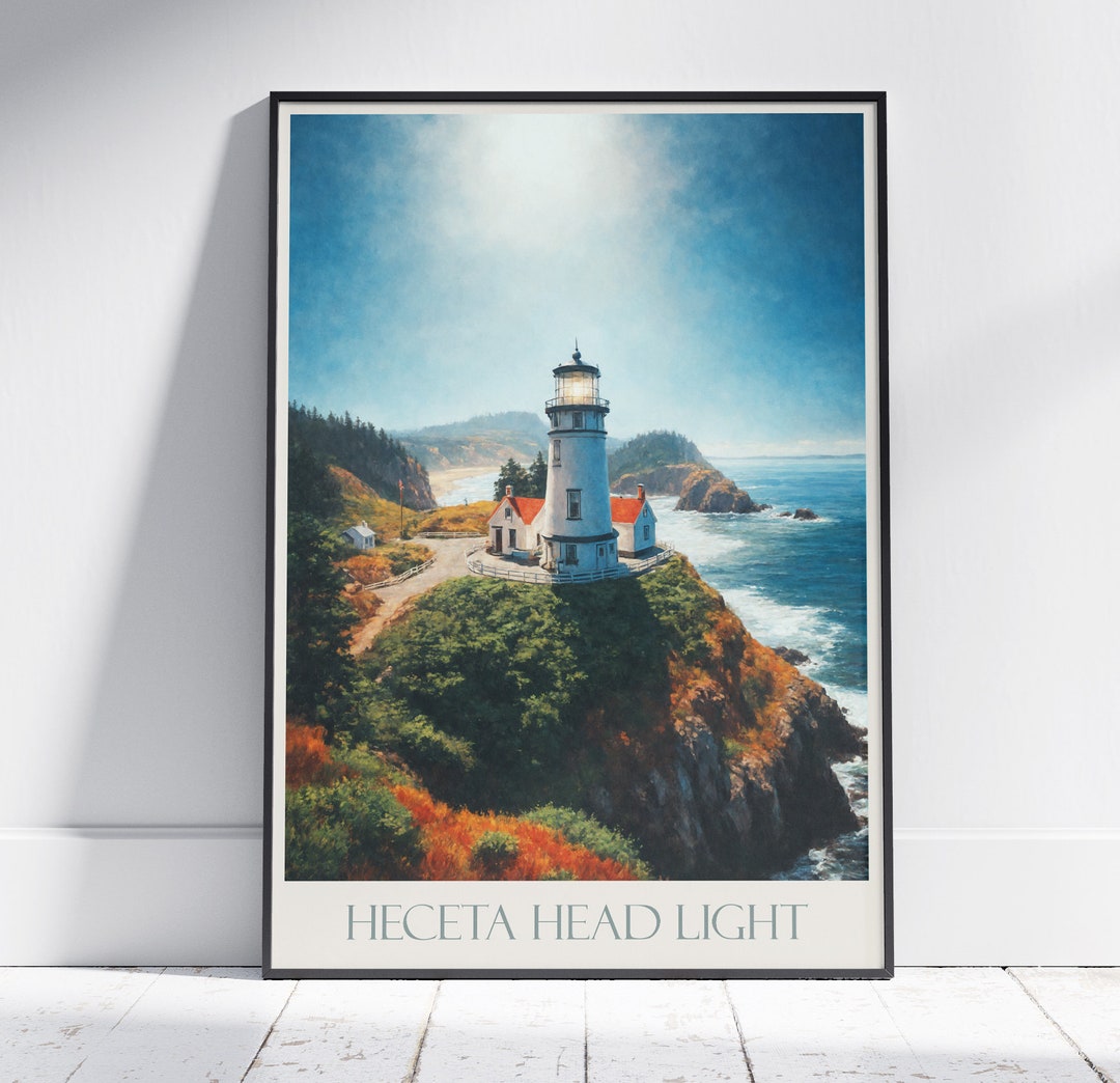 Heceta Head Light Travel Print Oregon Travel Poster Painted Wall Art ...