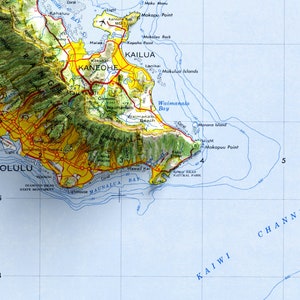 Oahu, Hawaii Map ~ Vintage Shaded Relief Flat 2D Print ~ Poster Wall ...