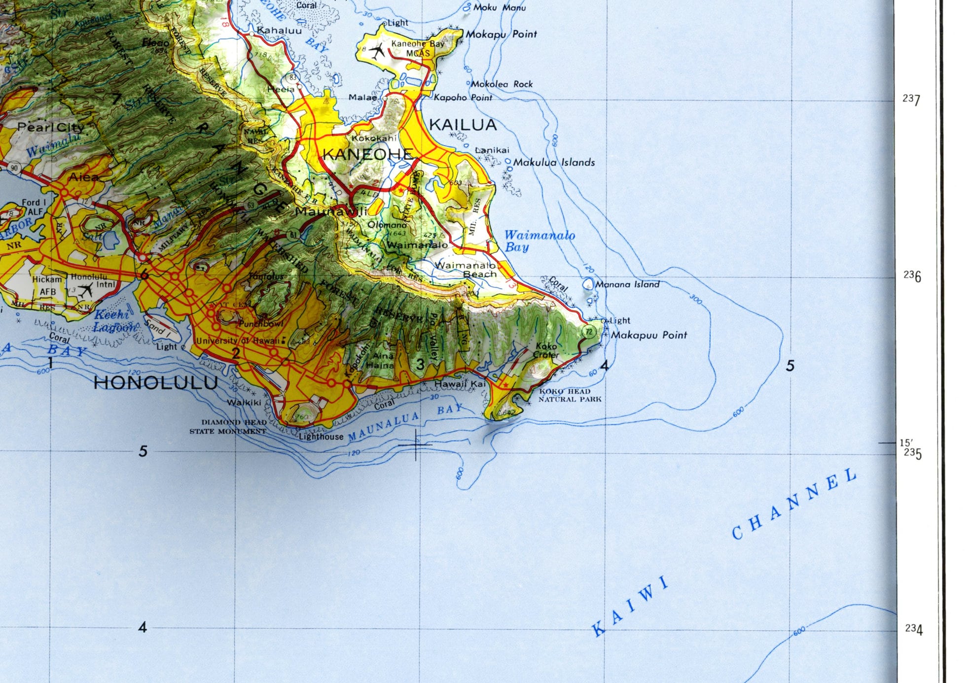 Oahu, Hawaii Map Vintage Shaded Relief Flat 2D Print Poster Wall Art ...