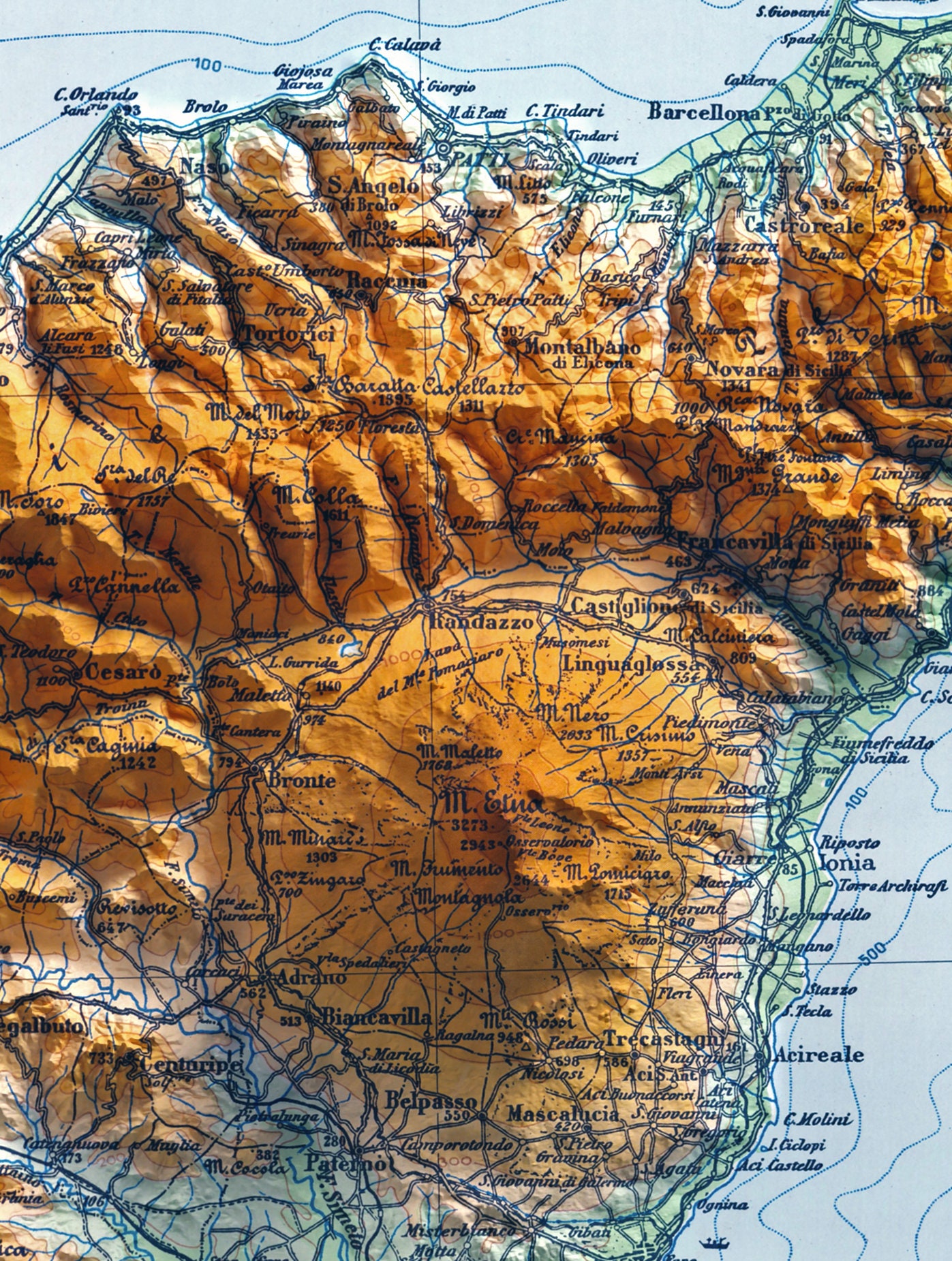 Sicily, Italy Flat 2D Shaded Relief Map Vintage Atlas Style Print ...