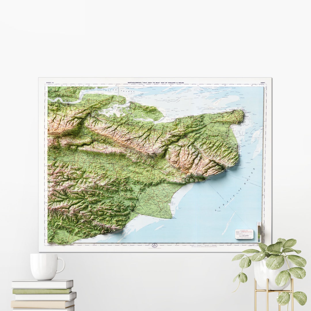 Kent Vintage Map Shaded Relief Flat 2D Print ~ Print Poster Wall Art ...