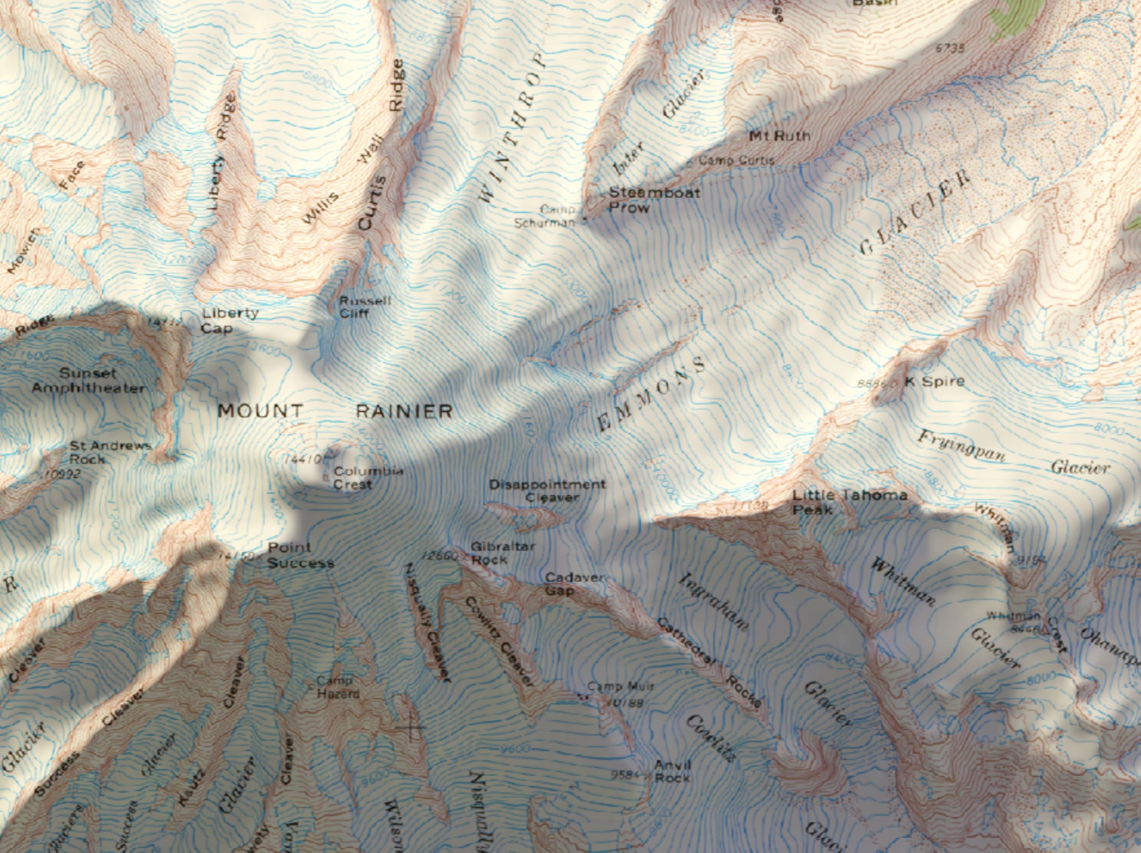 Mount Rainier National Park Map Flat 2D Vintage Relief Map Print Poster ...