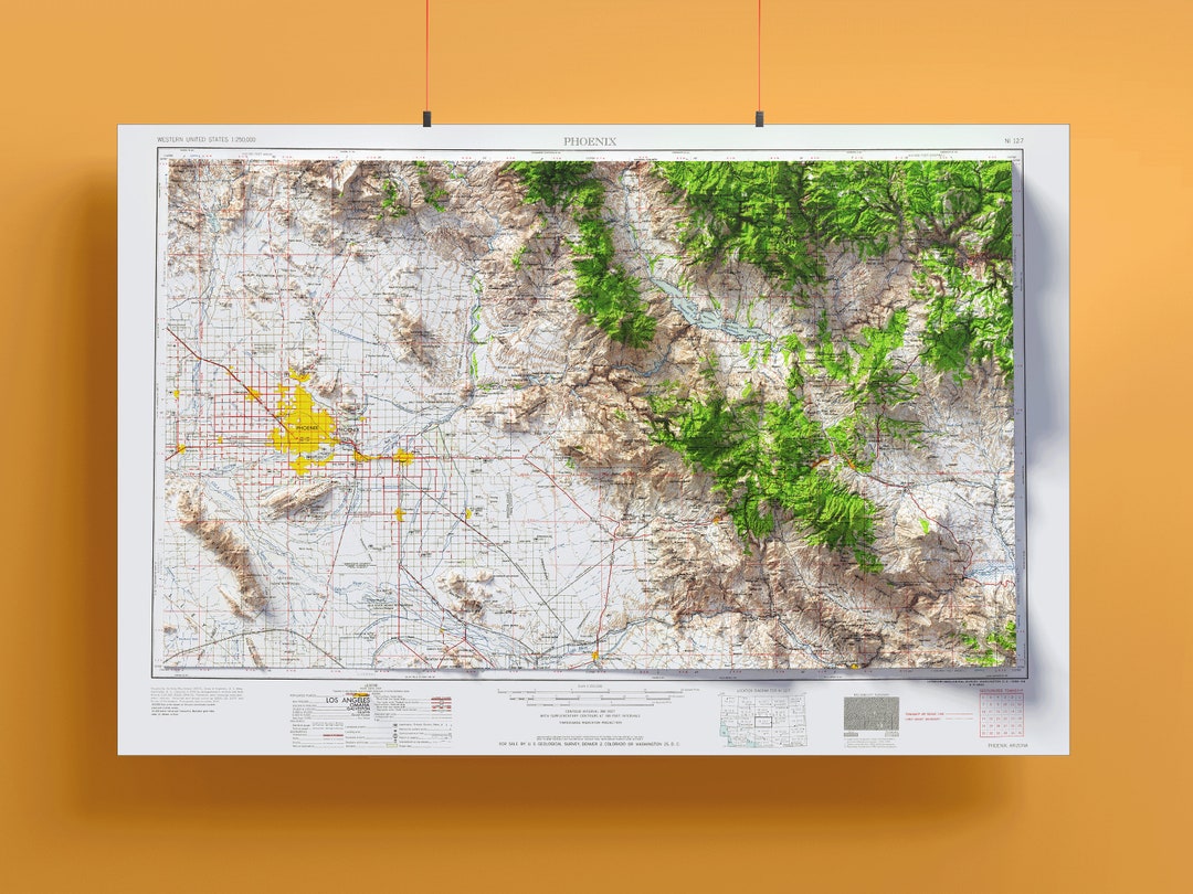 Phoenix & Mesa, Arizona: Flat 2D Shaded Map Print ~ Retro Poster Wall ...