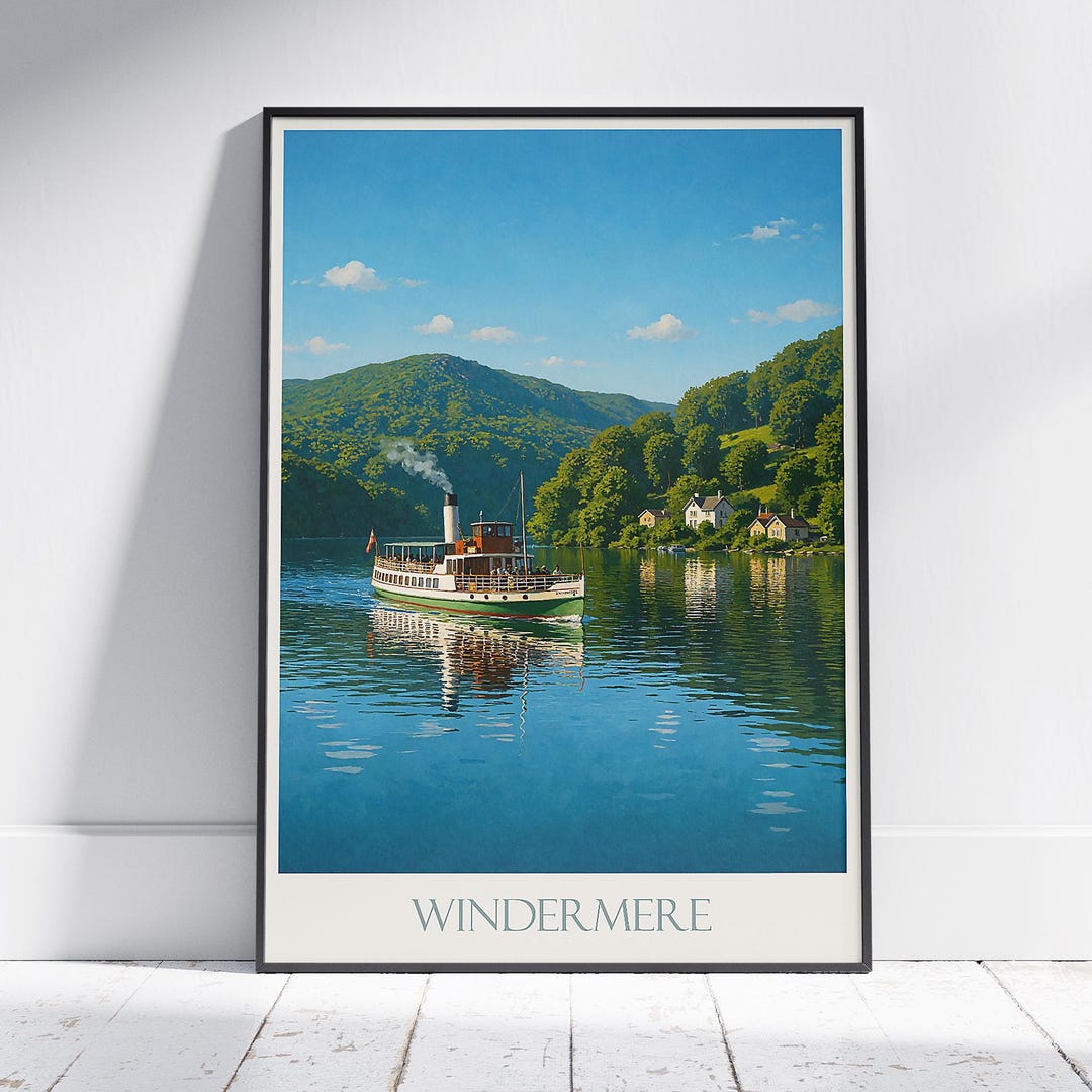 Windermere Travel Poster, Lake District Steamer Print ~ Cumbria Lake ...