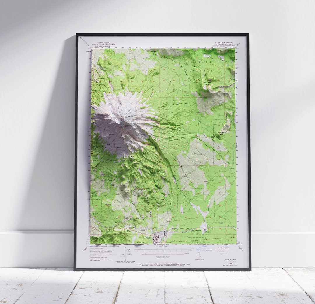 Mount Shasta, California ~ Vintage Shaded Flat 2D Map Print ~ Poster ...