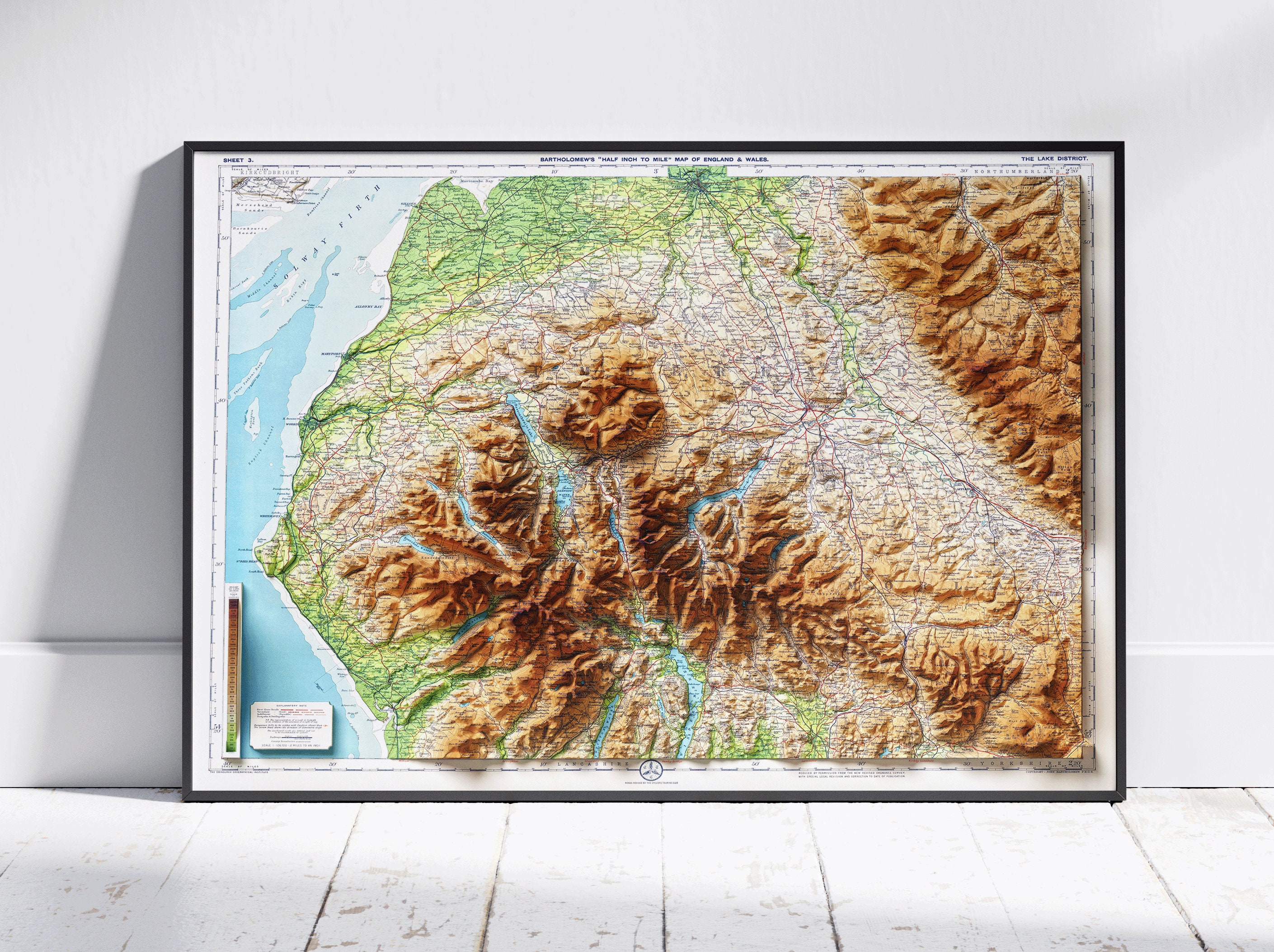 Lake District Vintage Atlas Flat 2D Shaded Relief Map UK Print Poster ...