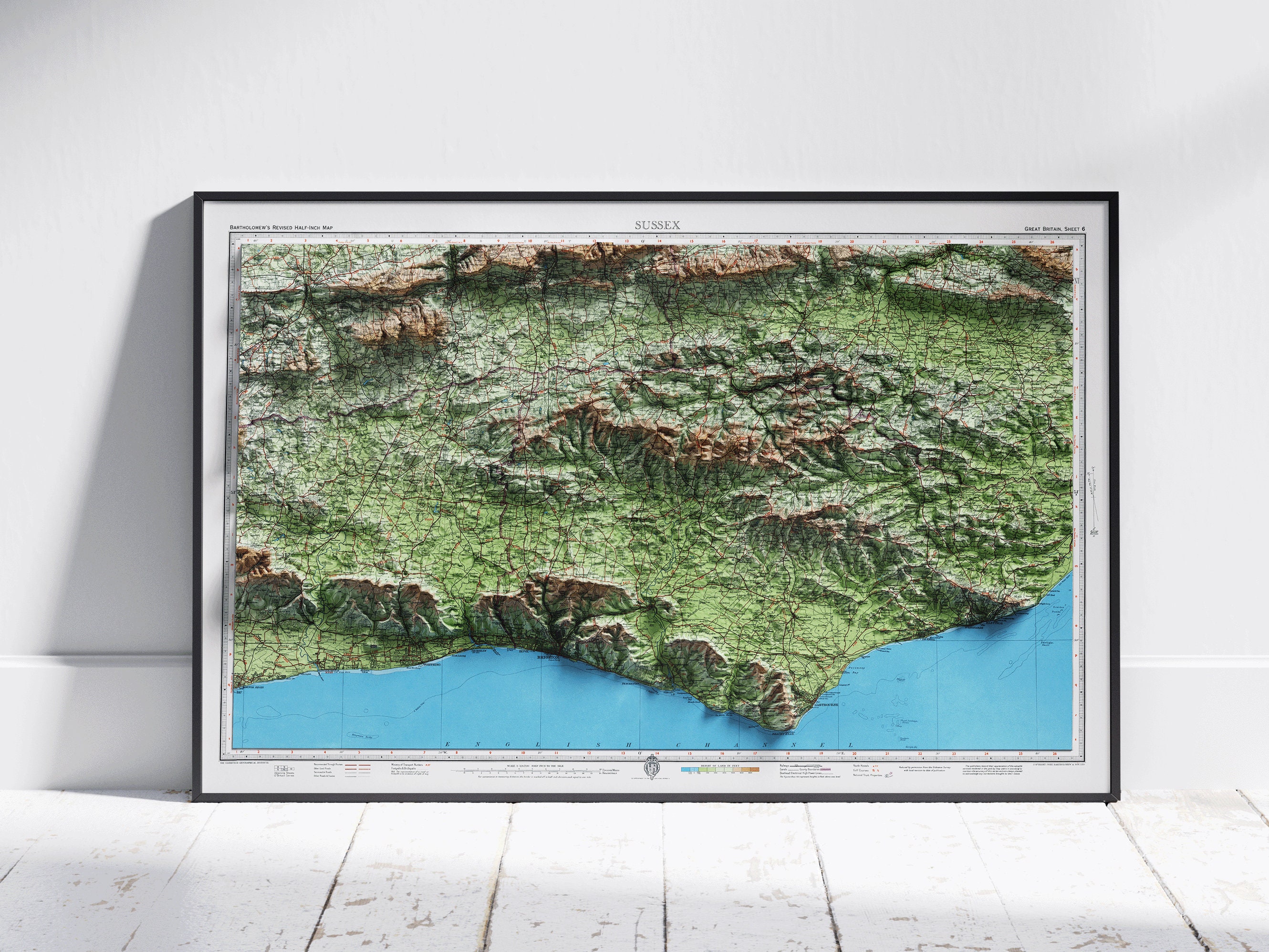 Sussex Flat 2D Shaded Relief Map Vintage Atlas Style Print Poster Wall ...