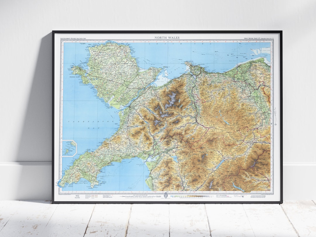 North Wales, Anglesey & Snowdonia Vintage Map Print ~ Poster Wall Art ...