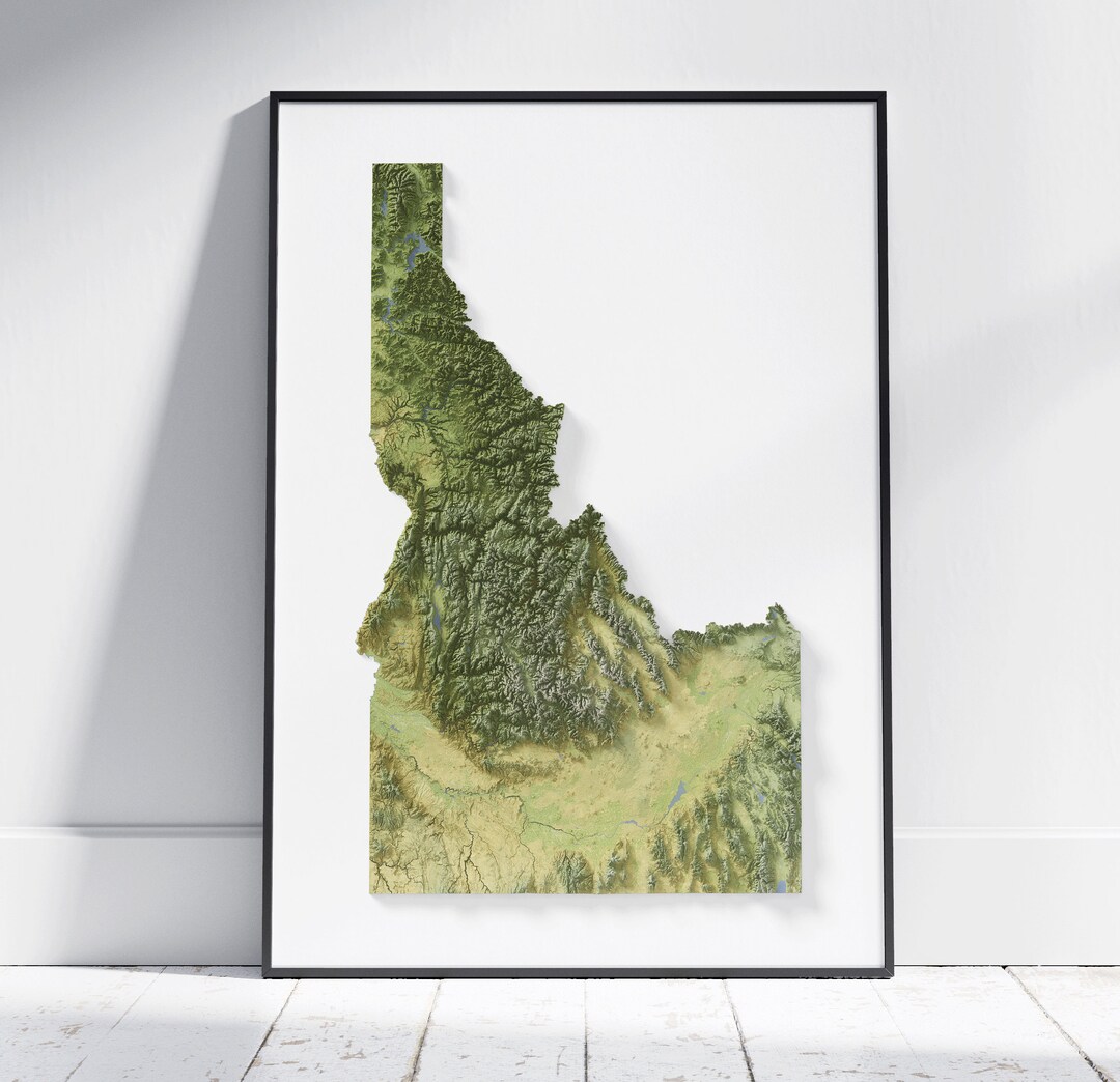 Idaho Map ~ 2D Aerial Topographic Relief Print ~ Shaded Relief US State ...