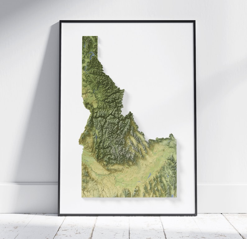Idaho Map 2D Aerial Topographic Relief Print Shaded Relief US State ...
