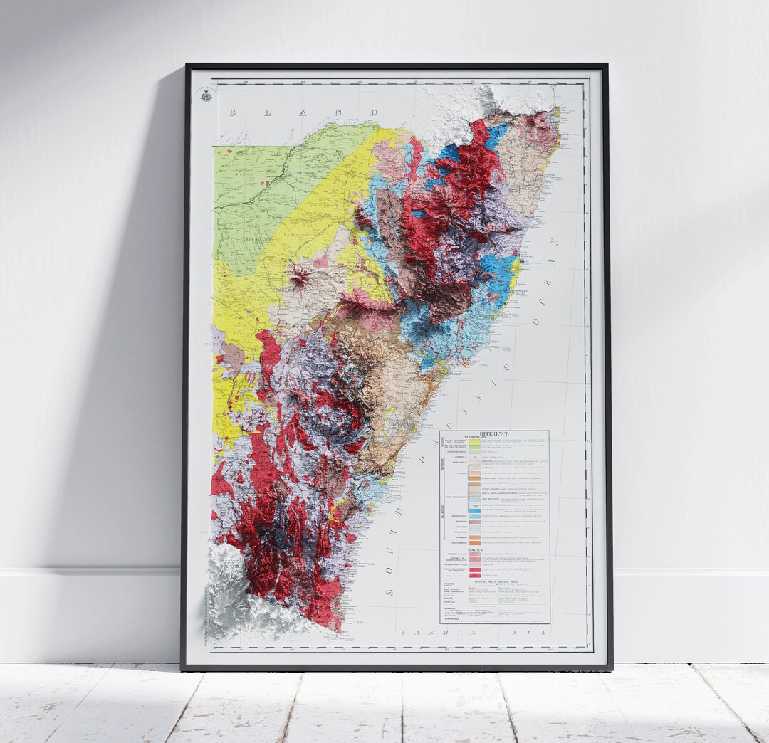 New South Wales Vintage Geological Shaded Relief Flat 2D Map Print ...