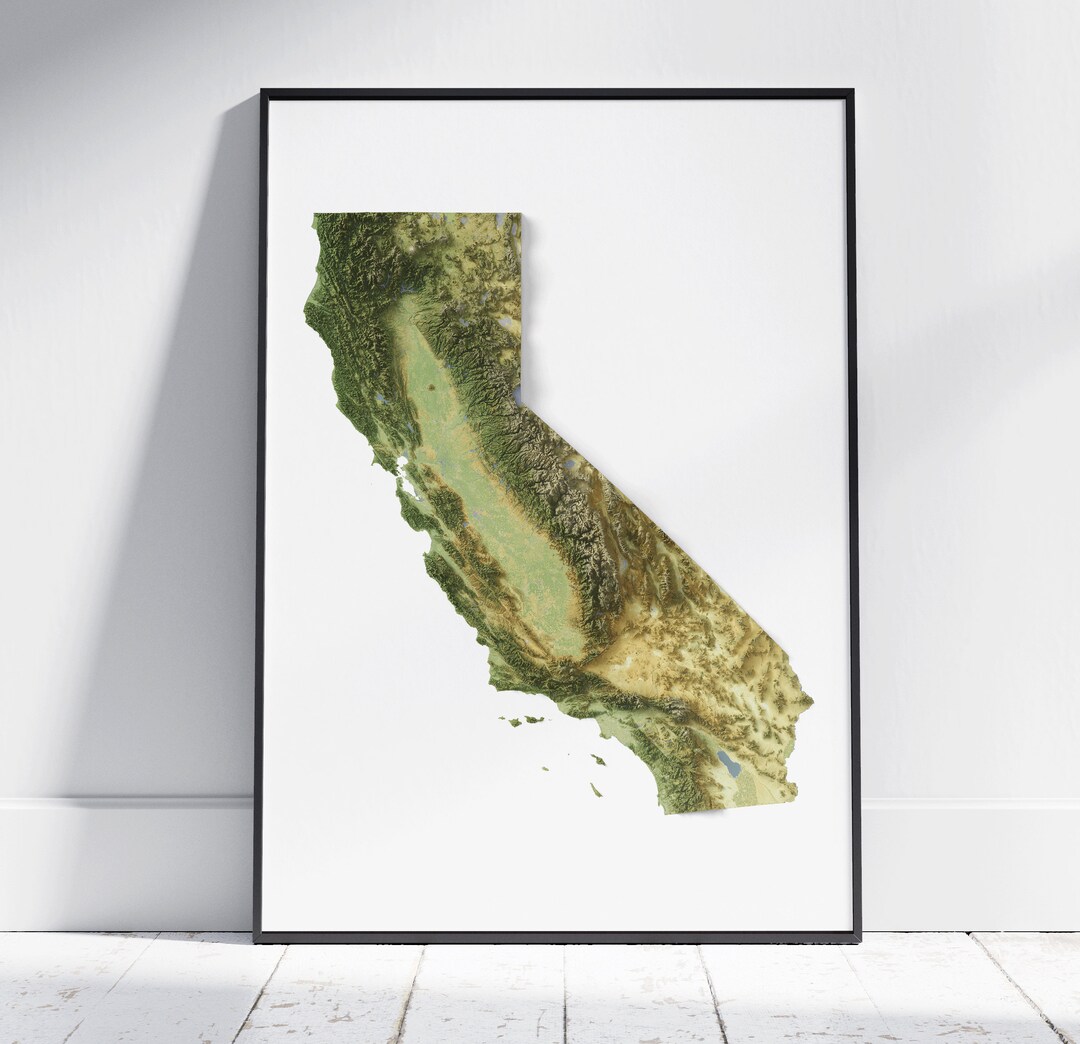 California Map ~ 2D Aerial Topographic Print ~ Shaded US State Poster ...