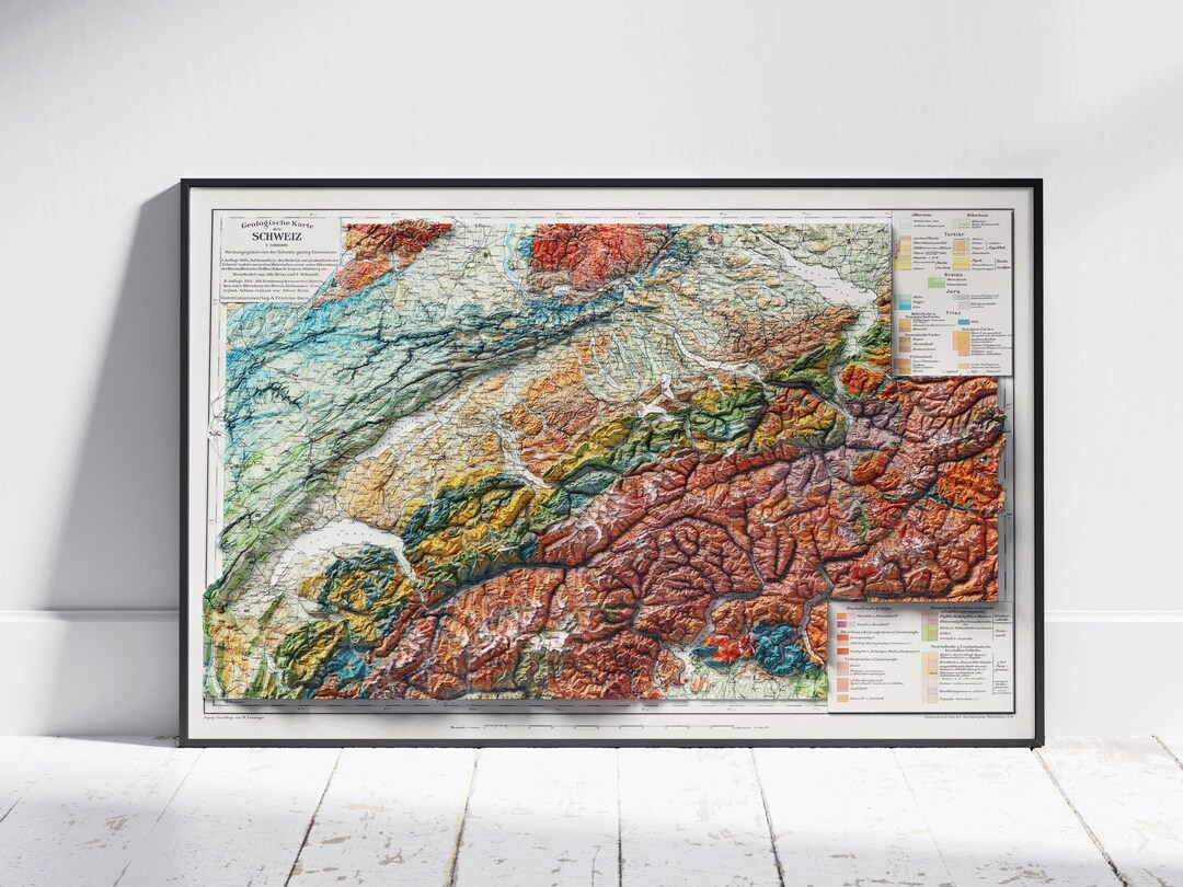 Switzerland Vintage Geological Map ~ Flat 2D Shaded Print Poster Wall ...
