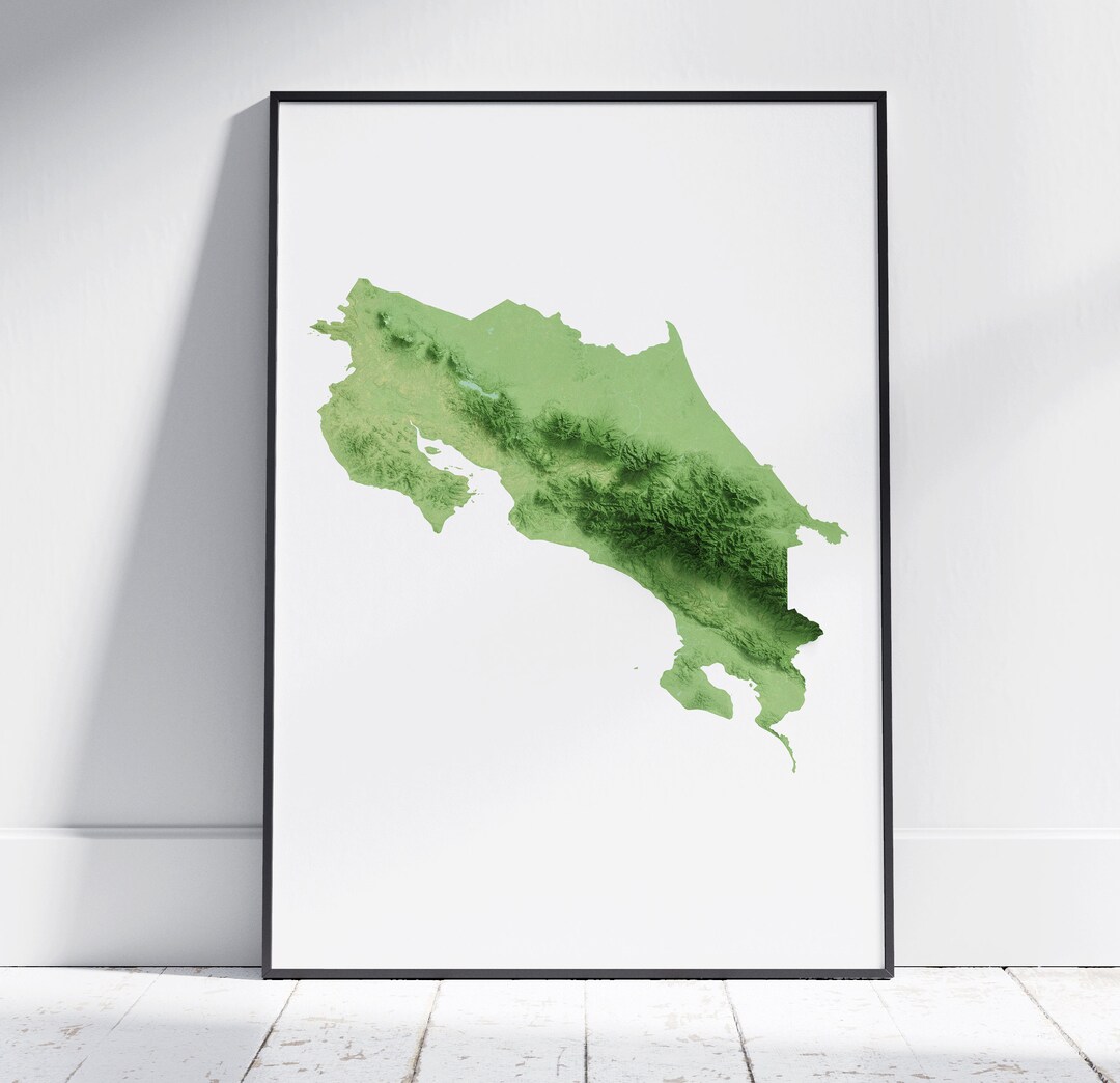 Costa Rica Flat 2D Topographic Map Print Shaded Relief Poster Wall Art ...